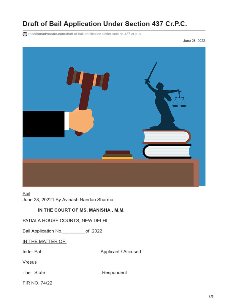 Draft of Bail Application Under Section 437 CRPC | PDF | Bail | Crime & Violence