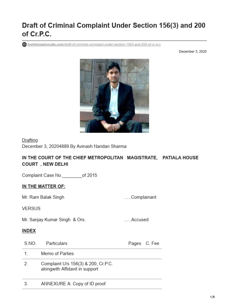 Draft of Criminal Complaint Under Section 156 (3) and 200 of CRPC | PDF ...