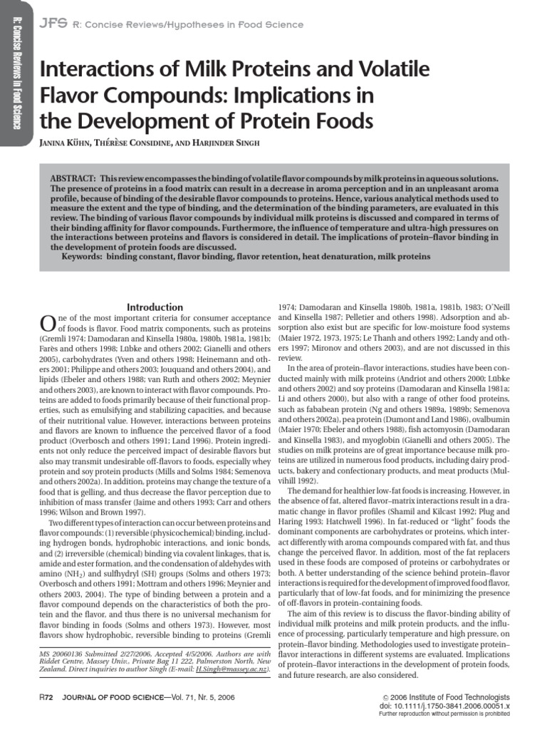 Interactions of Milk Proteins and Volatile Flavor Compounds ...
