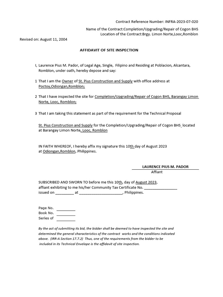 Completion Upgrading Cogon Bhs-Affidavit of Site Inspection | PDF ...