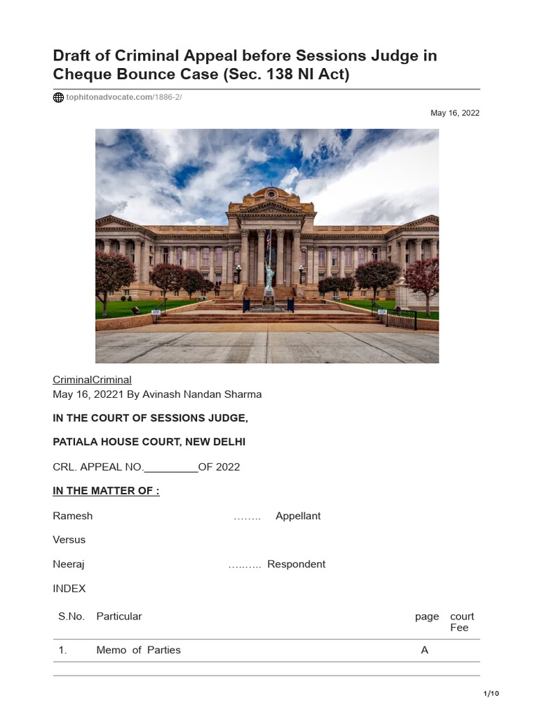 Draft of Criminal Appeal Before Sessions Judge in Cheque Bounce Case Sec 138 NI Act | PDF ...