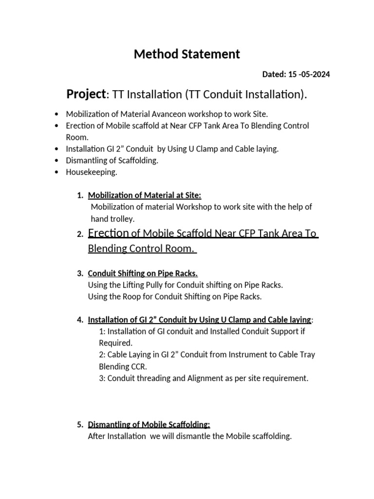 Method Statement TT Conduit Installation CFP Area | PDF