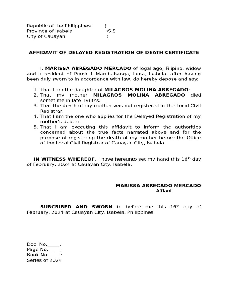 Affidavit of Delayed Registration of Death Certificate - (MILAGROS ...