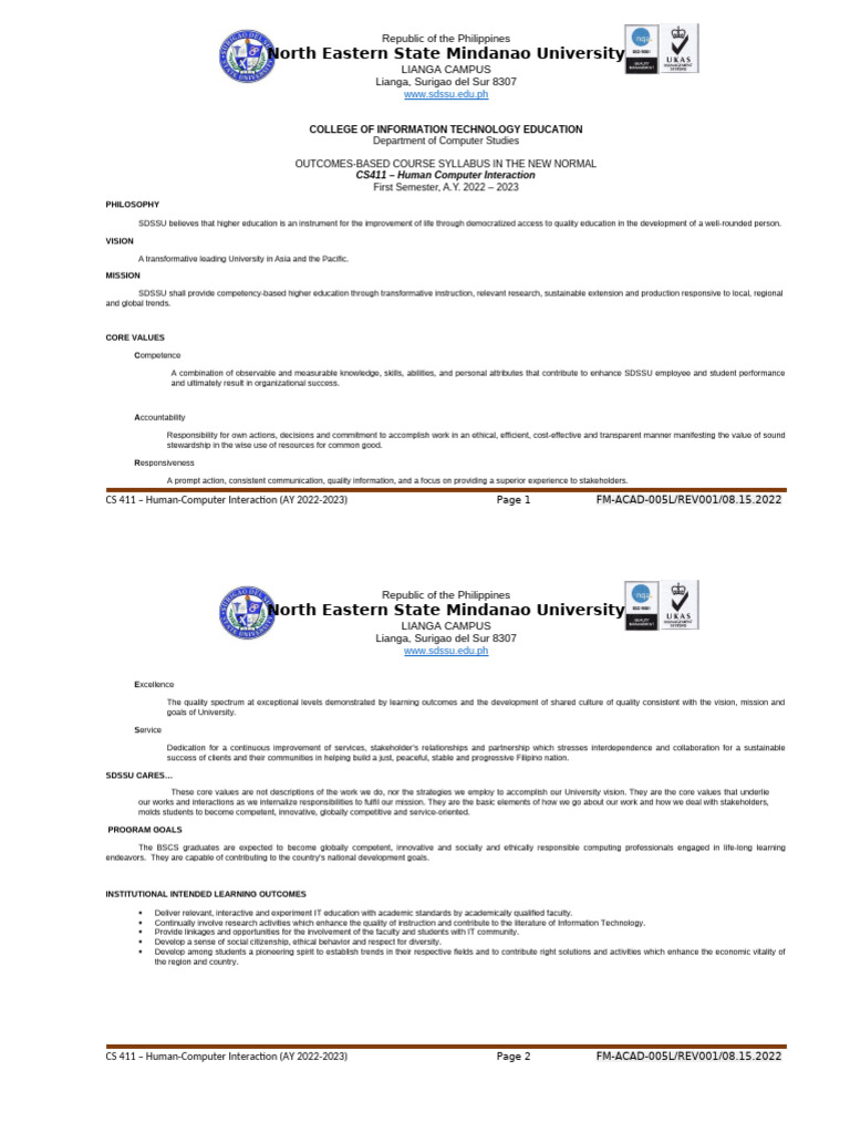 CS411 Human-Computer Interaction Syllabus | PDF | Computing | Science