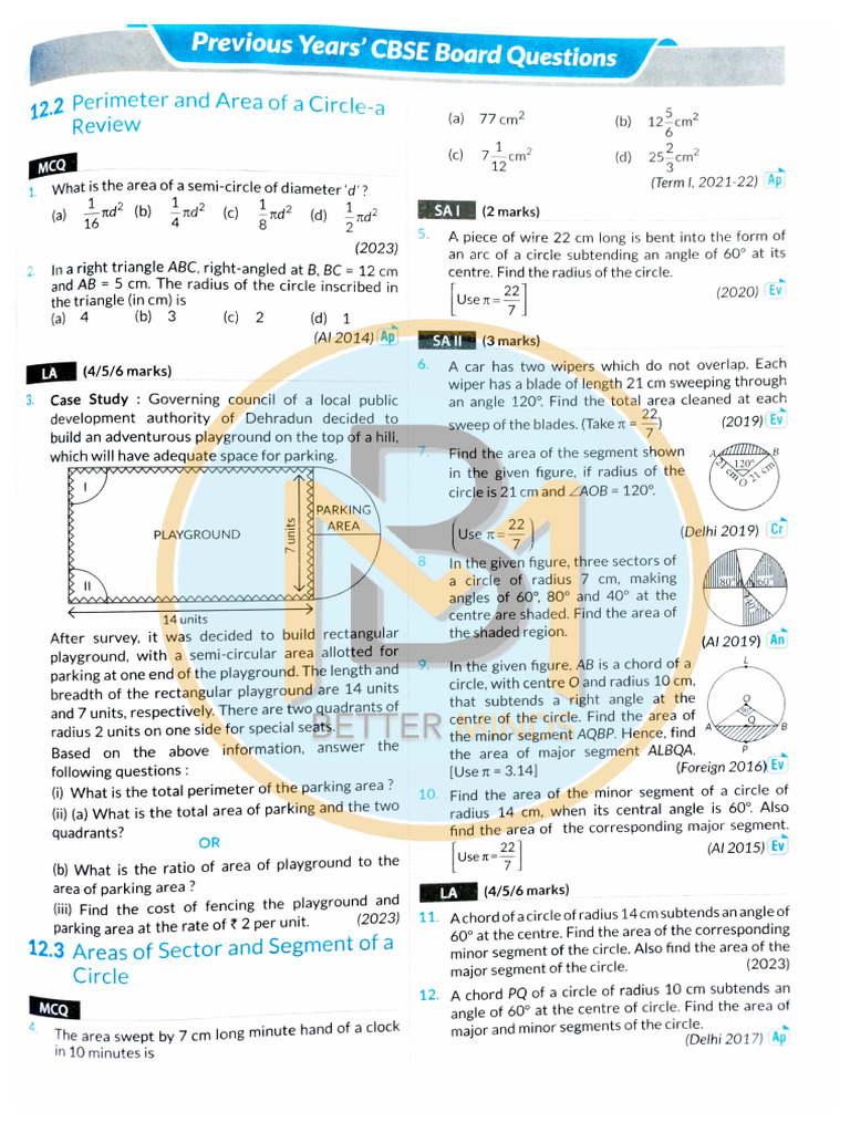 Area Related To Circles PYQs | PDF | Circle | Area