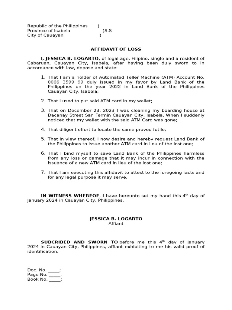 Affidavit of Loss - ATM Card-LBP (JESSICA B. LOGARTO) | PDF
