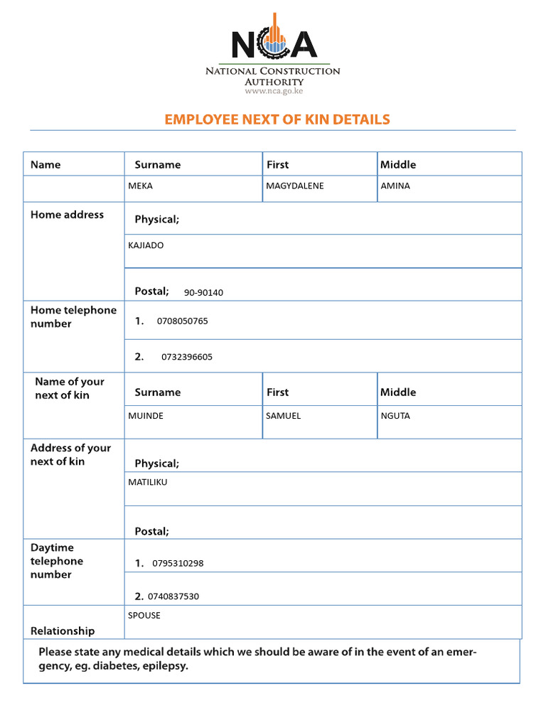 Next of Kin Form Maggy Amina | PDF