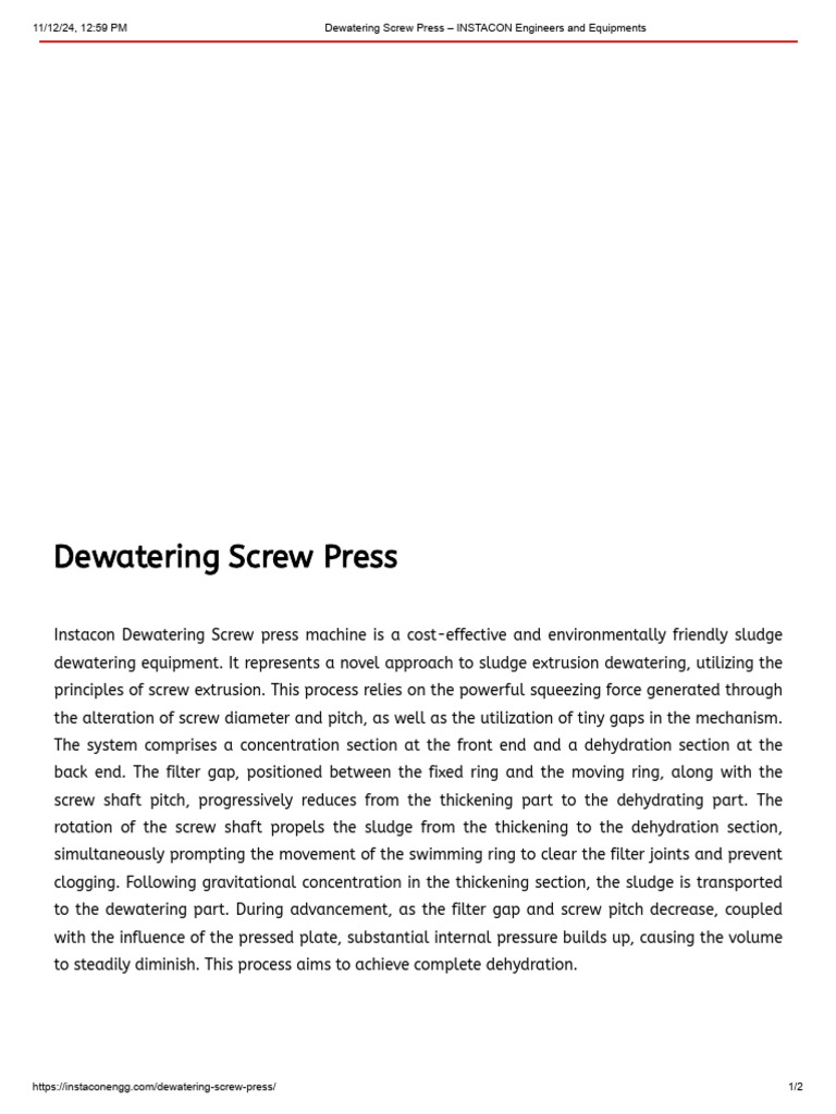 Dewatering Screw Press - INSTACON Engineers and Equipments | PDF ...