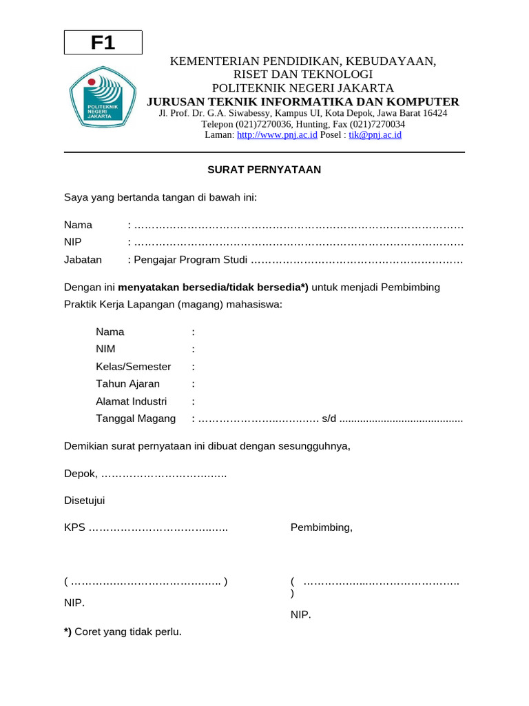 Formulir F1-F7 PKL | PDF