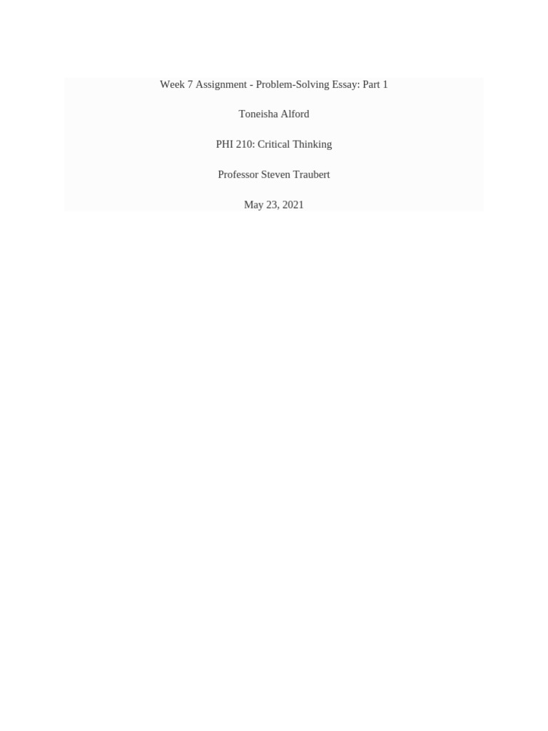 Toneisha - Week 7 Assignment - Problem-Solving Essay Part 1 | PDF