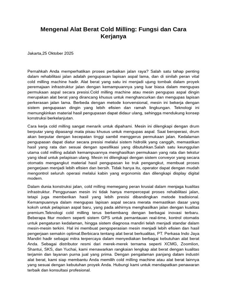 Alat Berat Cold Milling: Fungsi dan Keunggulan | PDF | Griya & Taman ...