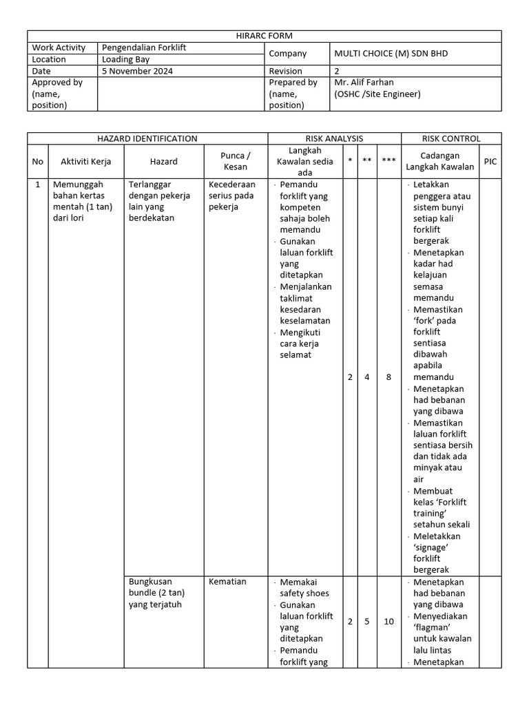 Borang HIRARC Pengendalian Forklift | PDF