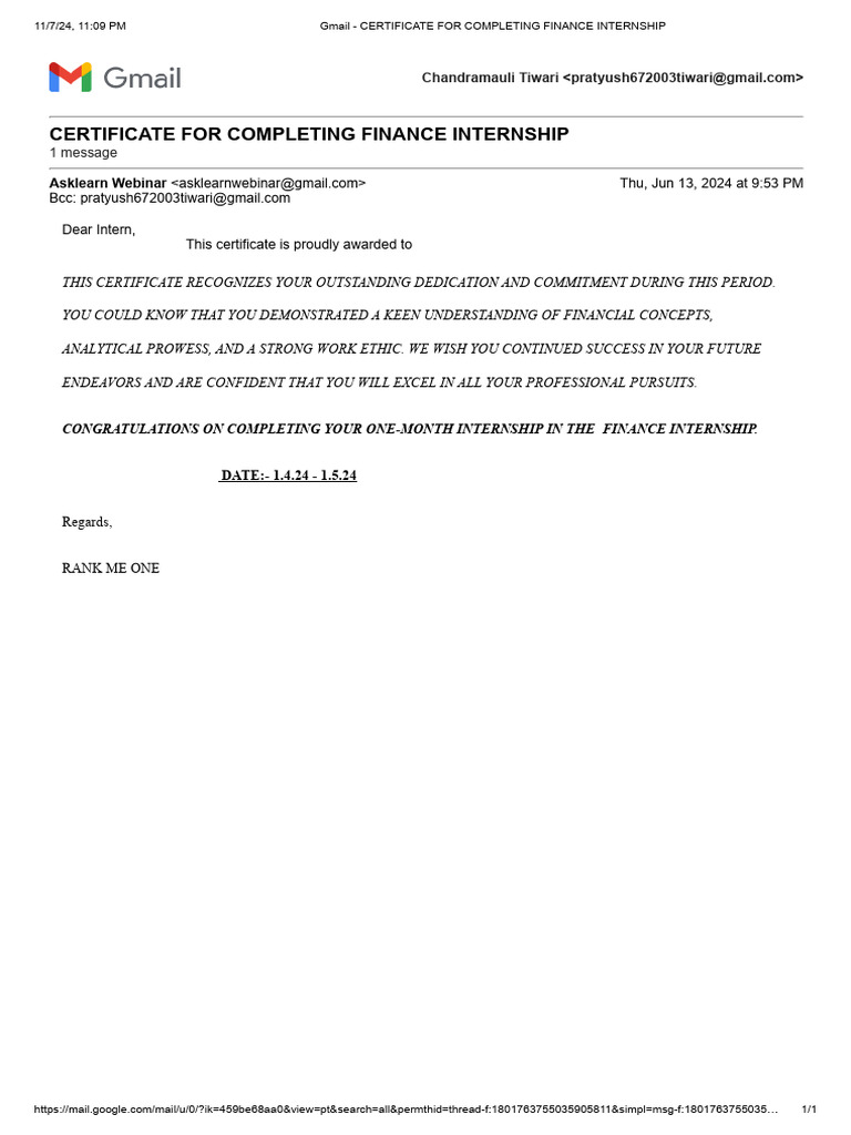 Gmail - CERTIFICATE FOR COMPLETING FINANCE INTERNSHIP | PDF