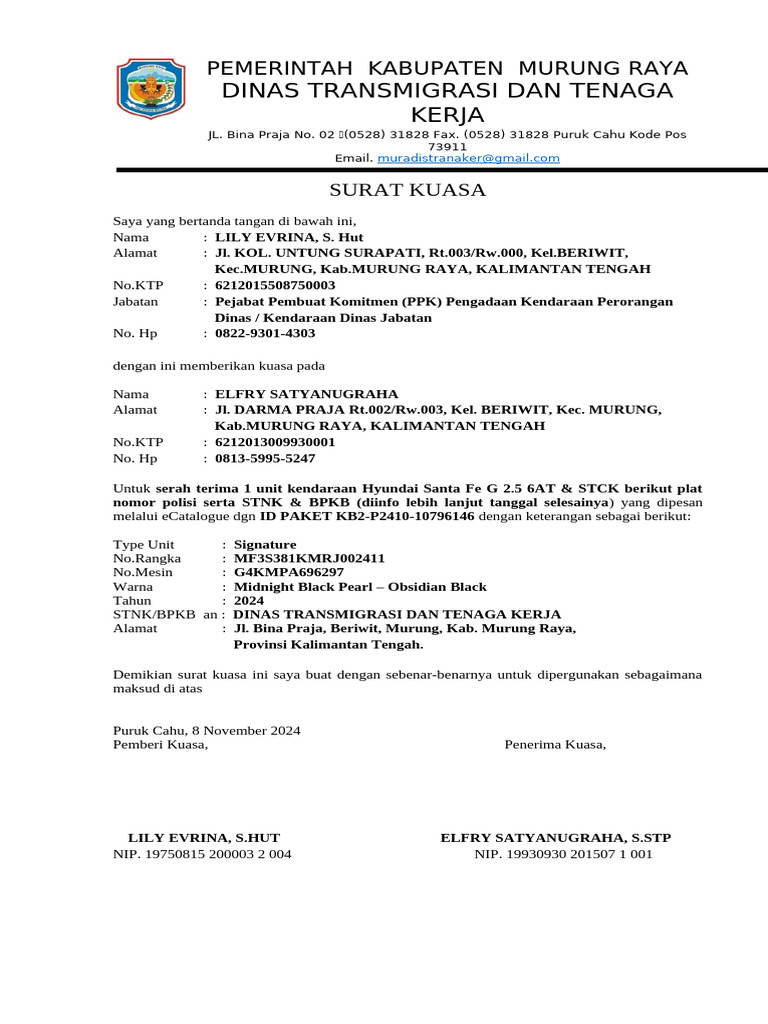 Surat Kuasa Serah Terima Unit, STNK & BPKB Distranaker Muray | PDF