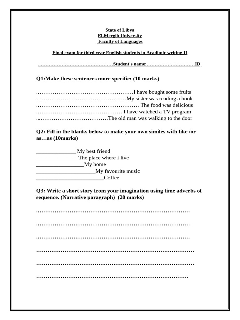 Academic Writing II Final Exam | PDF | Language Arts & Discipline ...