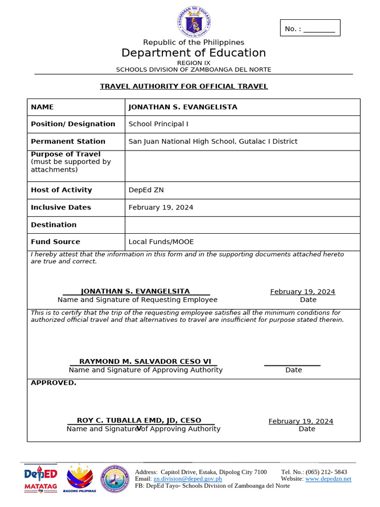 Authority To Travel Template - DepEd ZN | PDF