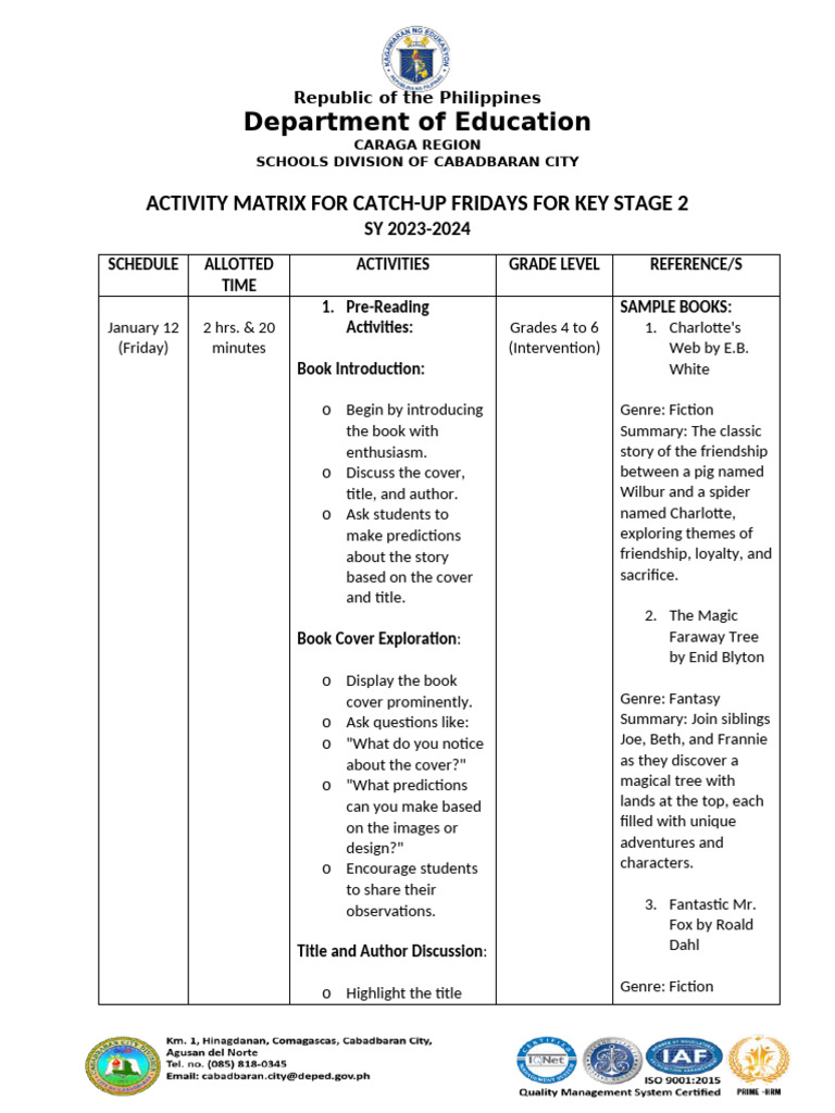 Activity Matrix For Catch Up Fridays For Key Stage 2 | PDF | The ...