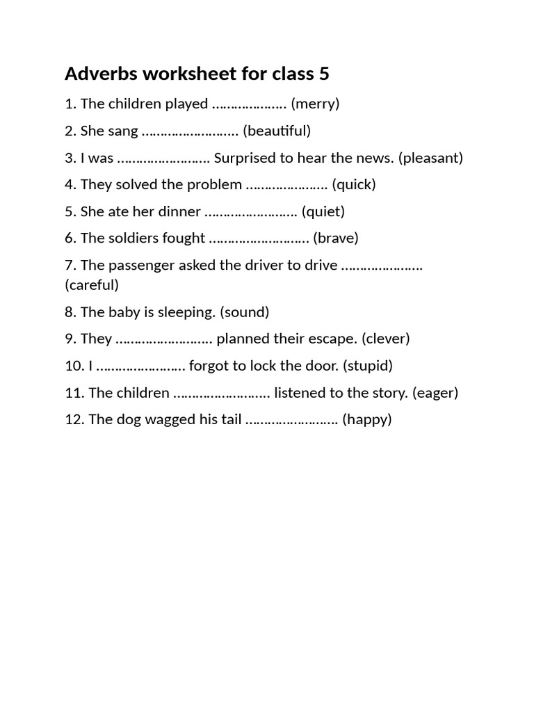 Adverbs Worksheet For Class 5 | PDF