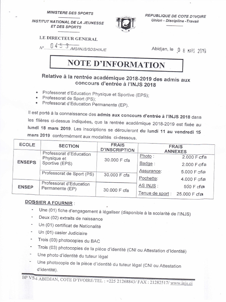 Dossiers Dinscription Admis Session 2018 2019 | PDF