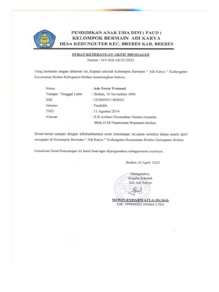 SK Aktif Mengajar Dan SK Tahunan Ade Novia Tristanti | PDF