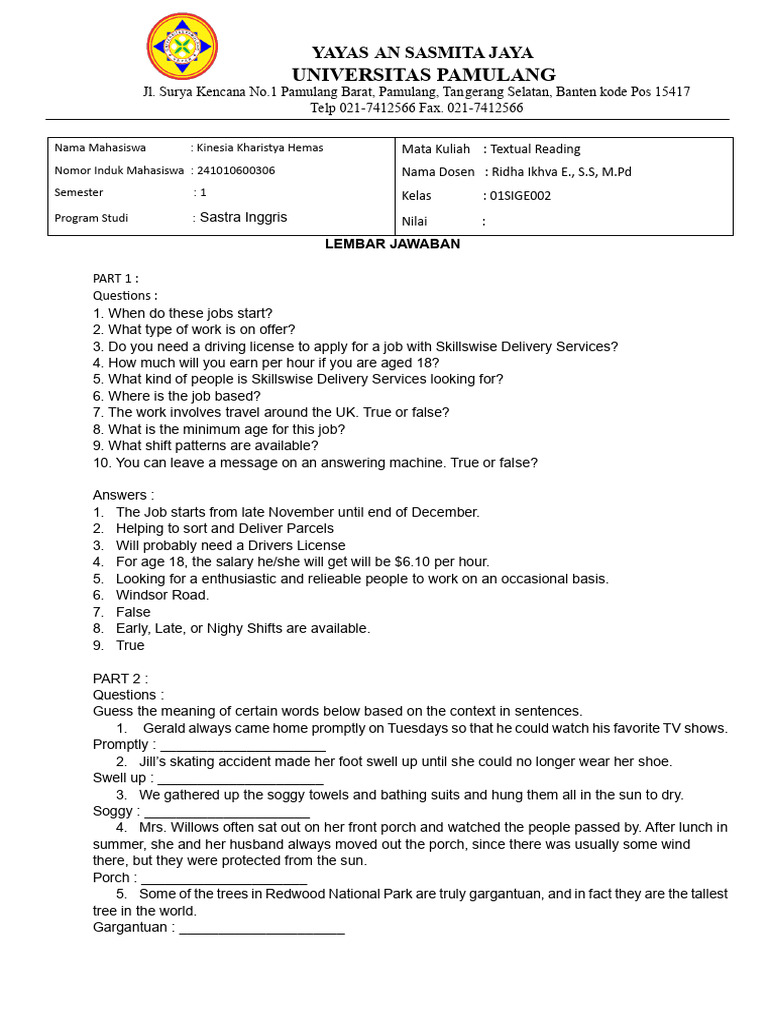 Lembar Jawaban Textual Reading Kinesia | PDF