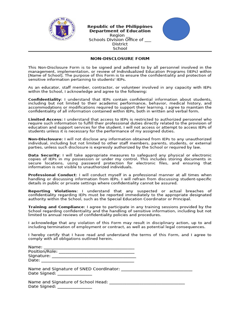 Non-Disclosure Form (SNEd IEP) | PDF | Individualized Education Program ...