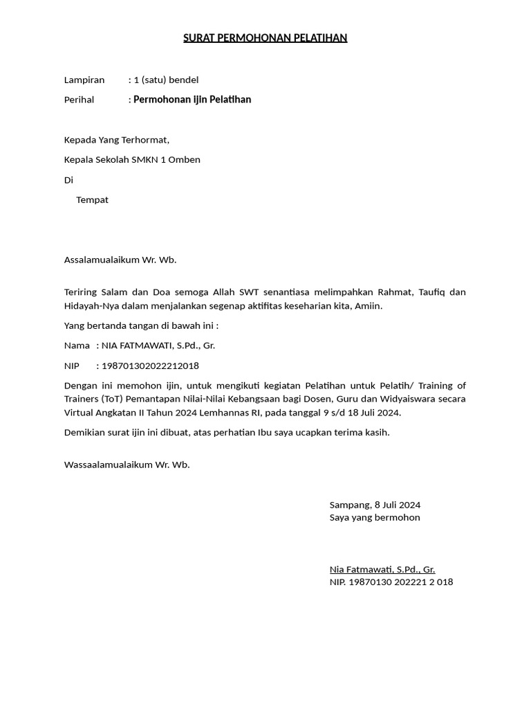 SURAT PERMOHONAN Ijin PELATIHAN | PDF