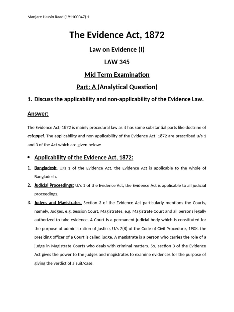 The Evidence Act, 1872: Law On Evidence (I) LAW 345 Mid Term Examination Part: A (Analytical ...
