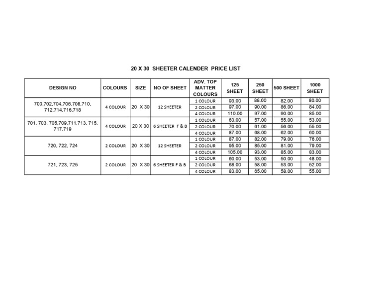 20 X 30 Calender Price List | PDF