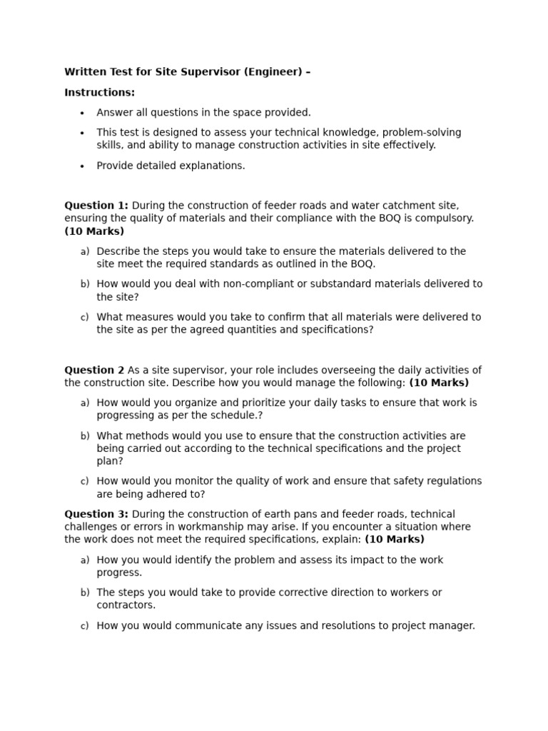 Civil Supervisor Test Instructions | PDF | Safety | Regulatory Compliance