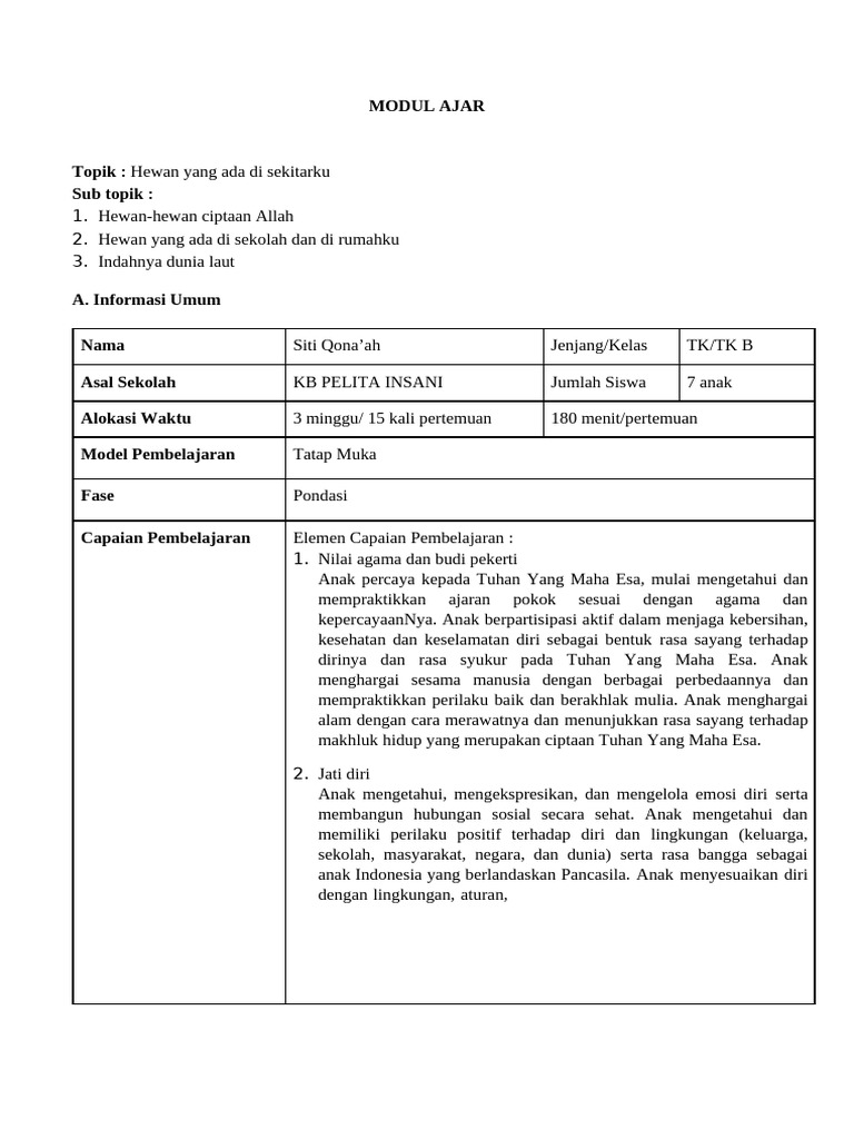 Modul Ajar PAUD - Binatang Yang Ada Di Sekitarku | PDF