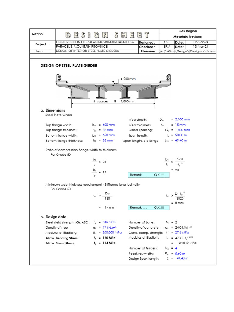 E) Design of Interior Girders | PDF | Bending | Screw