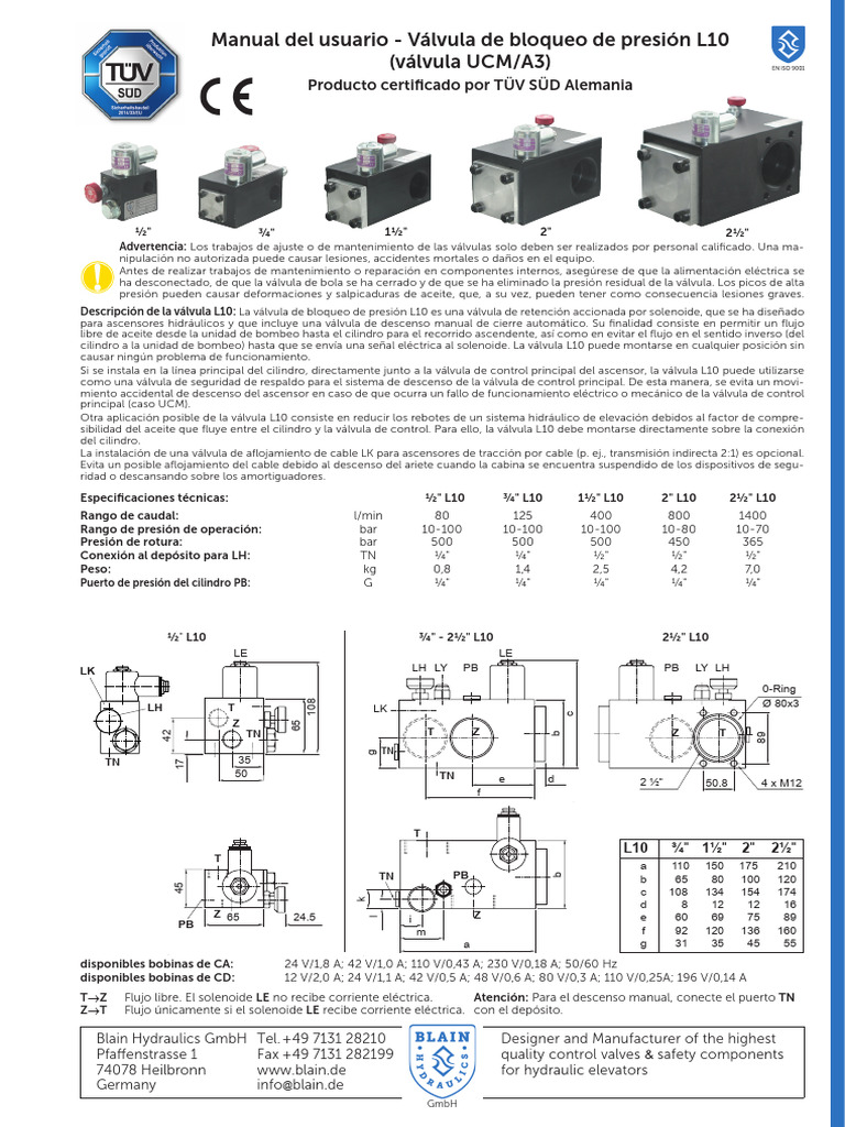 Manual Del Usuario - Válvula de Bloqueo de Presión L10 (Válvula UCM/A3) | PDF | Ascensor | Válvula