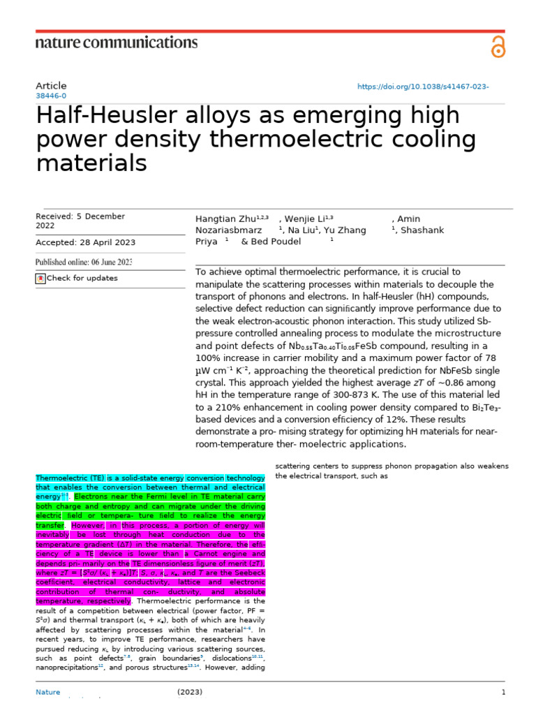 Half-Heusler Alloys As Emerging High Power Density Thermoelectric Cooling Materials | PDF ...