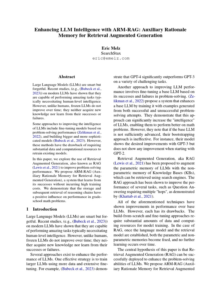 Enhancing LLM Intelligence With Arm-Rag Auxiliary Rationale Memory For Retrieval Augmented ...