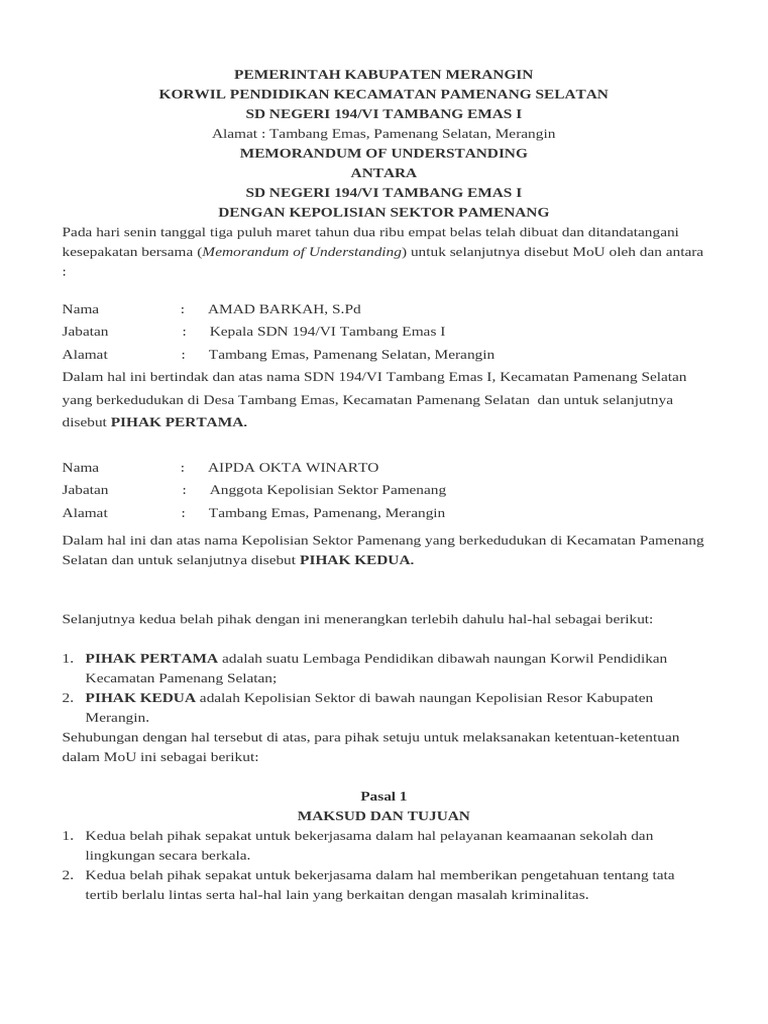 Contoh Mou Sekolah Dengan Kepolisian | PDF