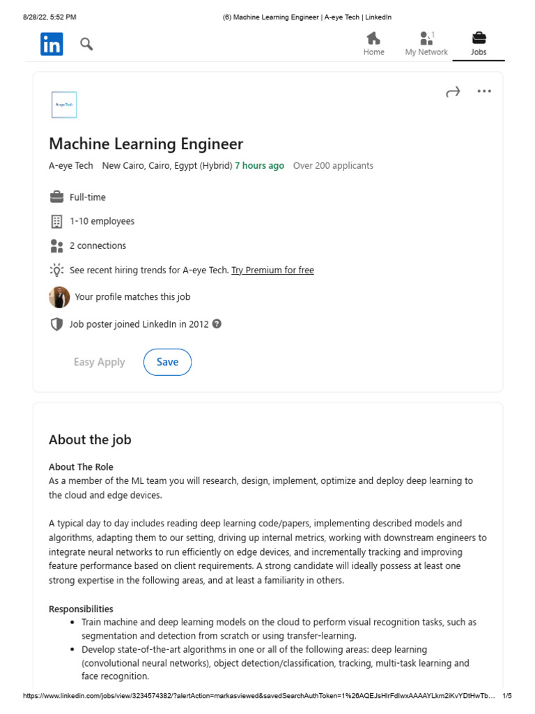 Machine Learning Engineer - A-Eye Tech - LinkedIn | PDF | Deep Learning ...