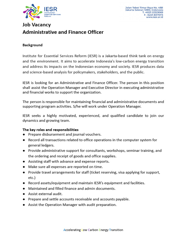 IESR - Job Vacancy - Admin Finance Officer 1 | PDF | Business