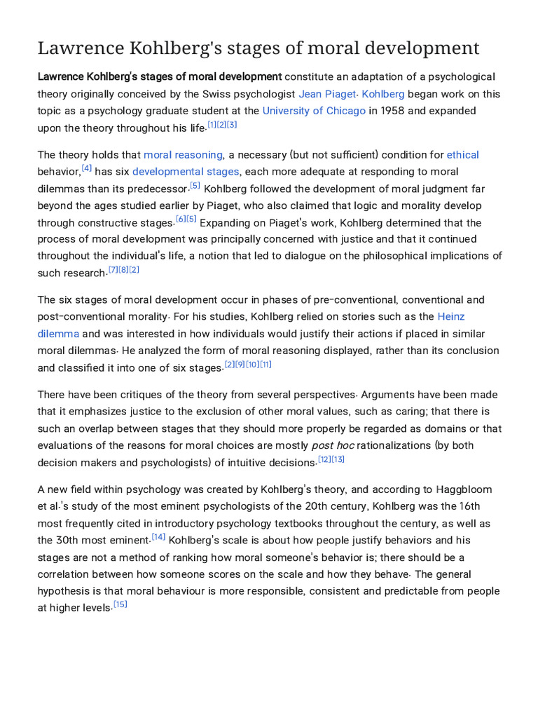 Lawrence Kohlberg's Stages of Moral Development - Wikipedia | PDF ...