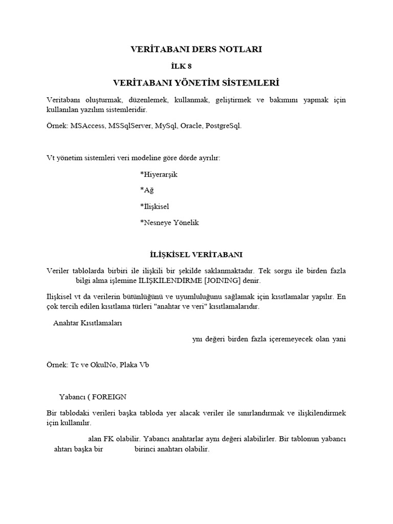 Veritabanıilk 8 Hafta | PDF