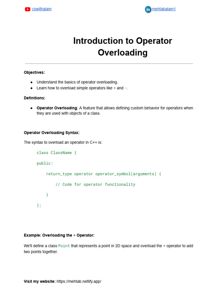 Introduction To Operator Overloading: Objectives | PDF | Teaching Methods & Materials ...