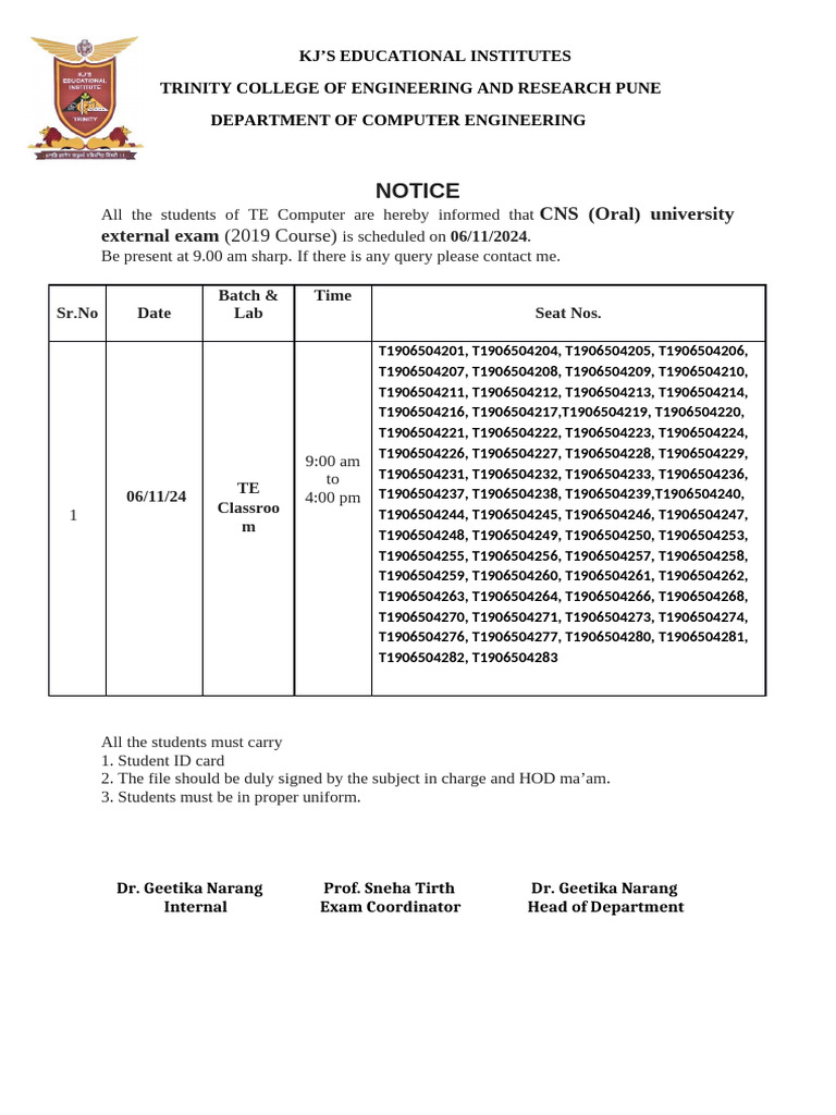 CNS Oral Internal - Notice | PDF