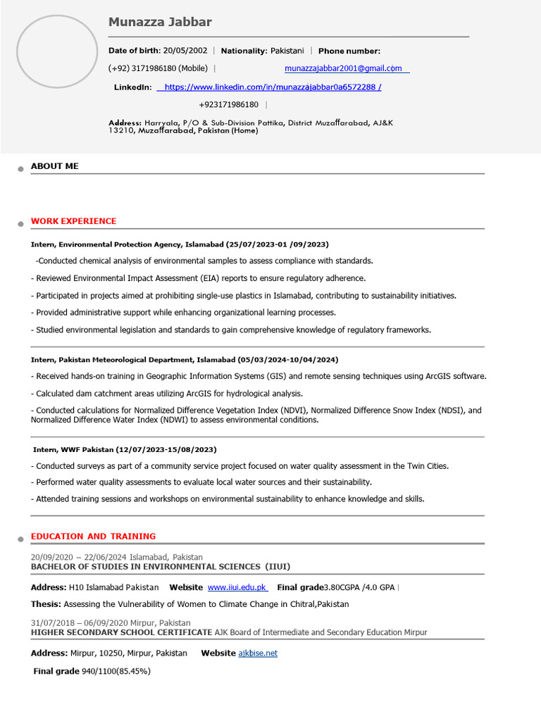 CV - Munazza Jabbar-1 | PDF | Environmental Impact Assessment | Geographic Information System