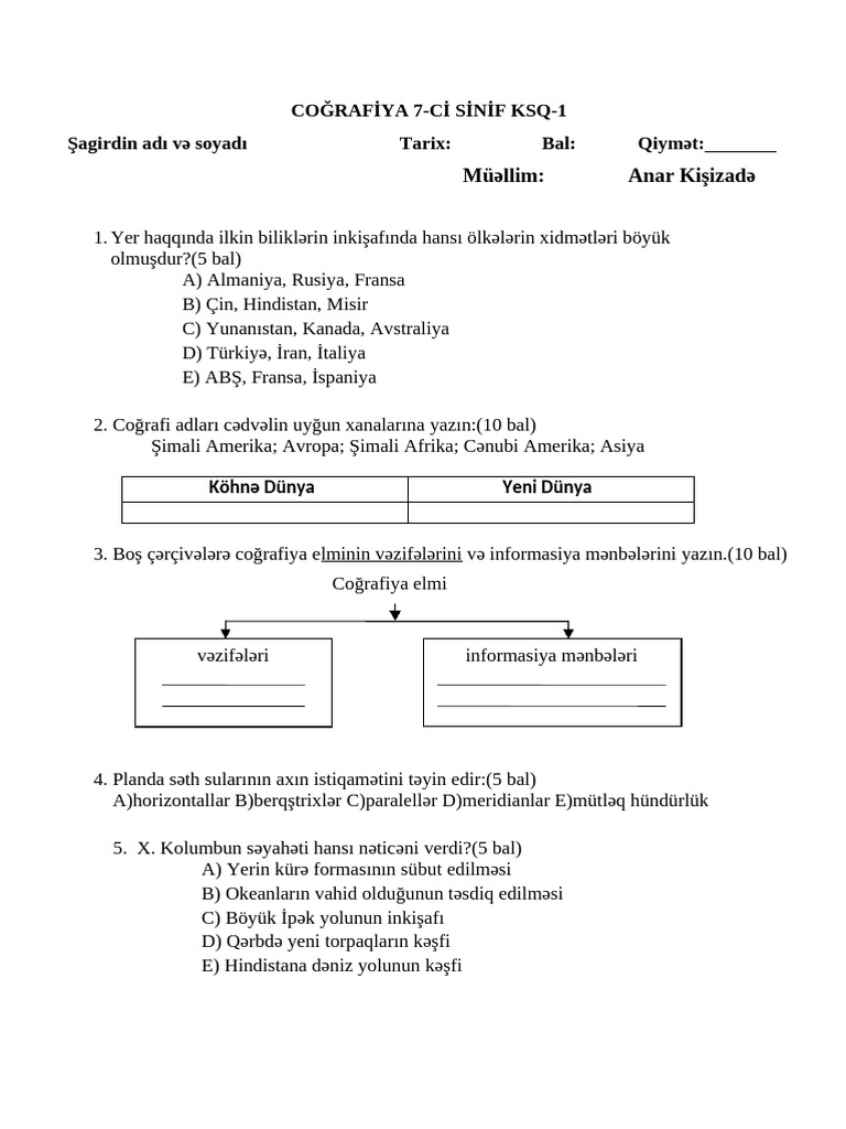 Coğrafiya 7-Ci Sinif KSQ 1) | PDF