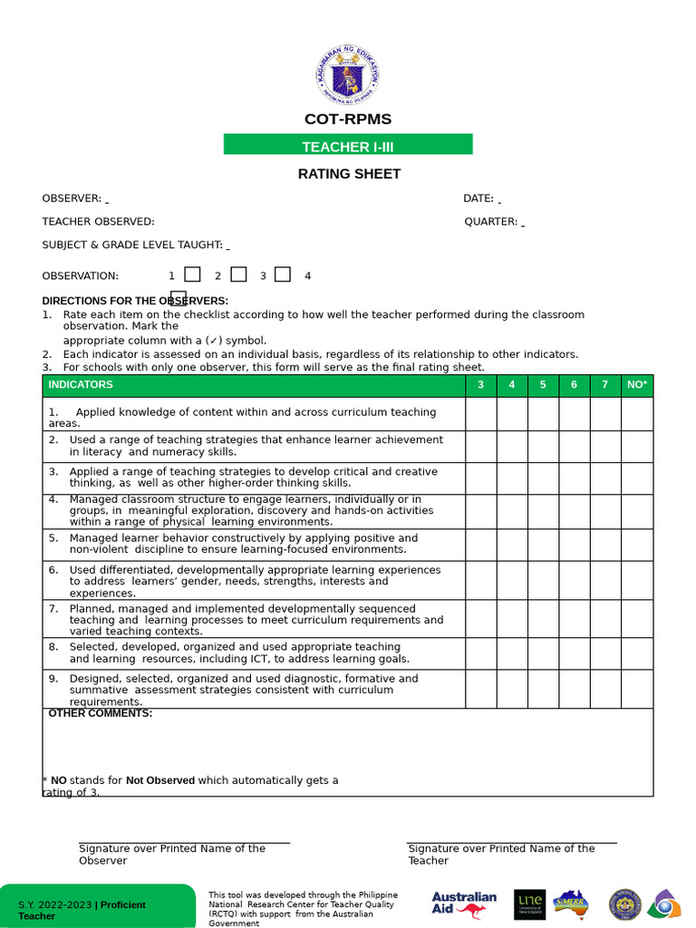 Appendix C 02 COT RPMS Rating Sheet For T I III For SY 2022 2023 2 ...