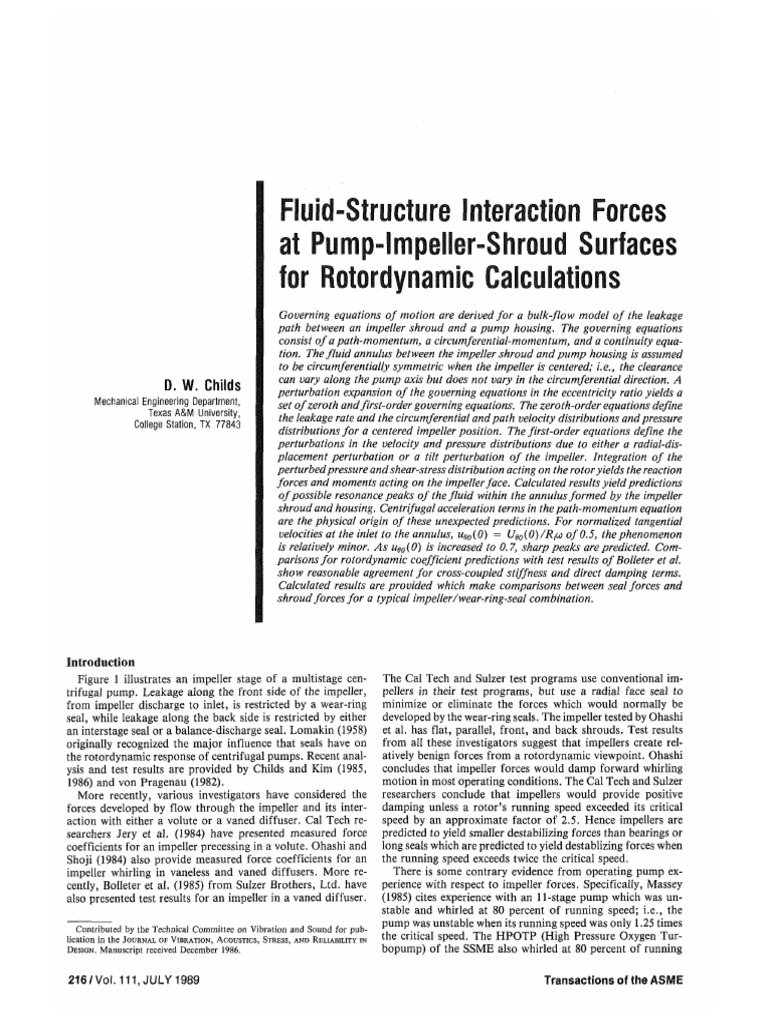 Childs (1989) Fluid-Structure Interaction Forces at Pump-Impeller ...