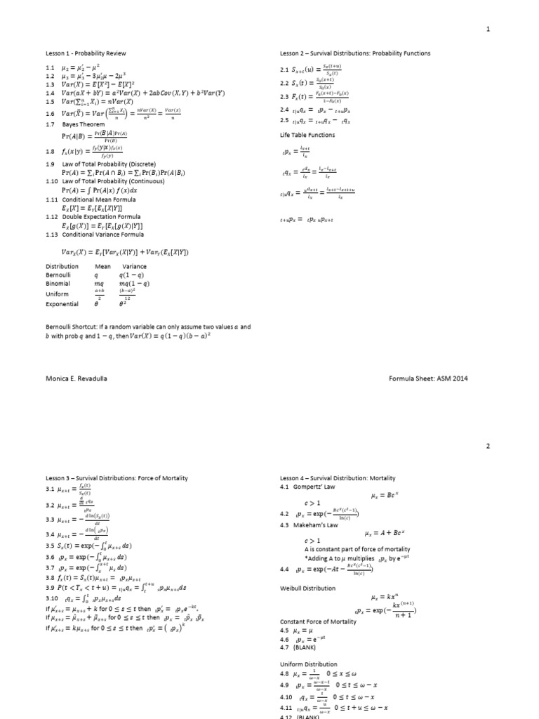 Formula Sheet MLC ASM 2014 | PDF | Probability Distribution | Measure ...
