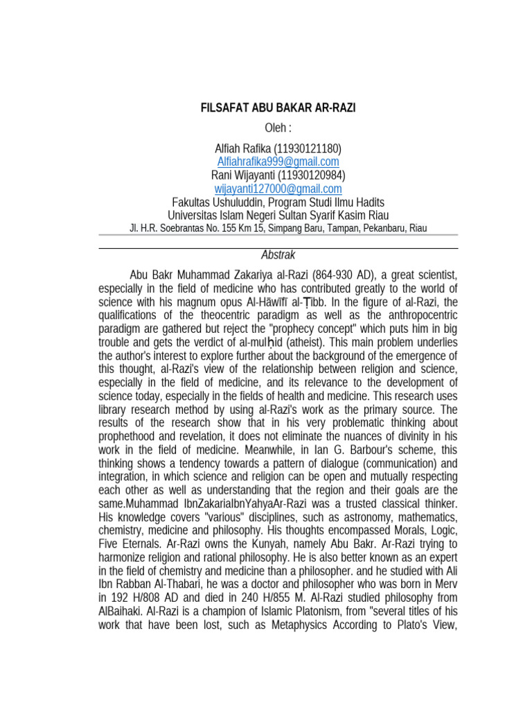 FILSAFAT ABU BAKAR AR-RAZI (Alfiah-Rani) | PDF | Agama & Spiritualitas