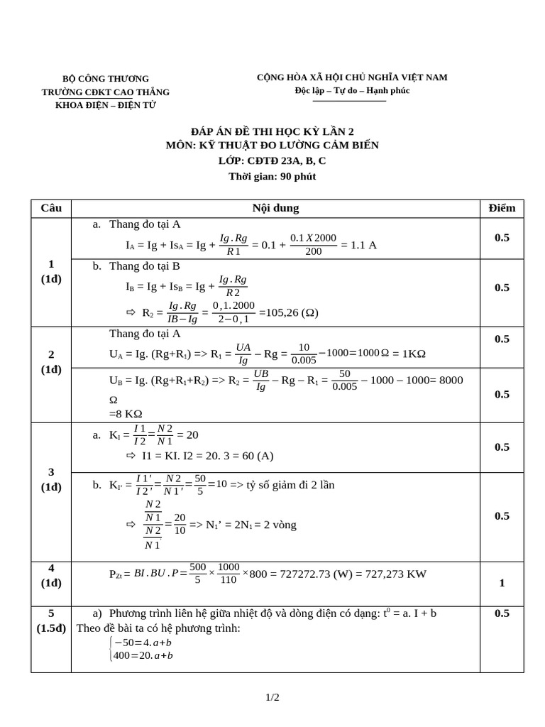 De Thi Do Luong Cam Bien 2024 | PDF