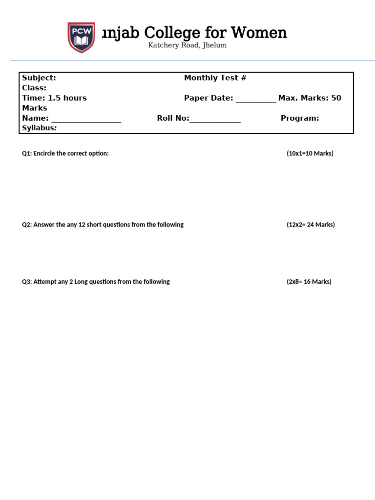 General Pattern For Monthly Tests | PDF